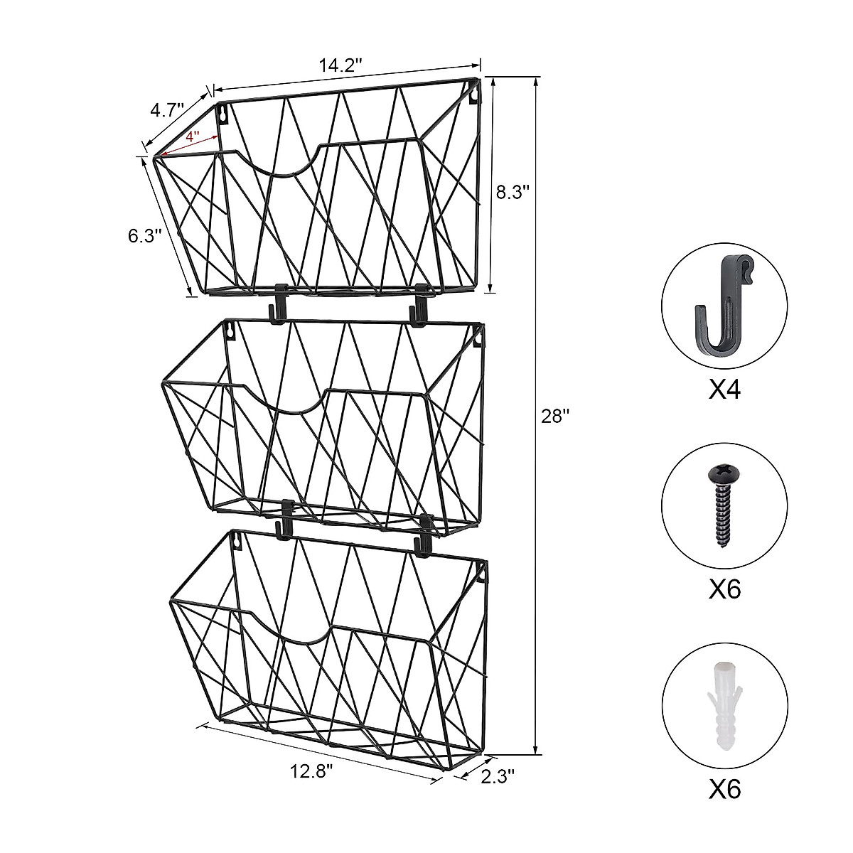 KEEGH Hanging Wall File Organizer Wall Mount File Folder 3 Pockets Wall Paper Organizer Mail Organizer Metal Wall Magazine Rack with Hooks