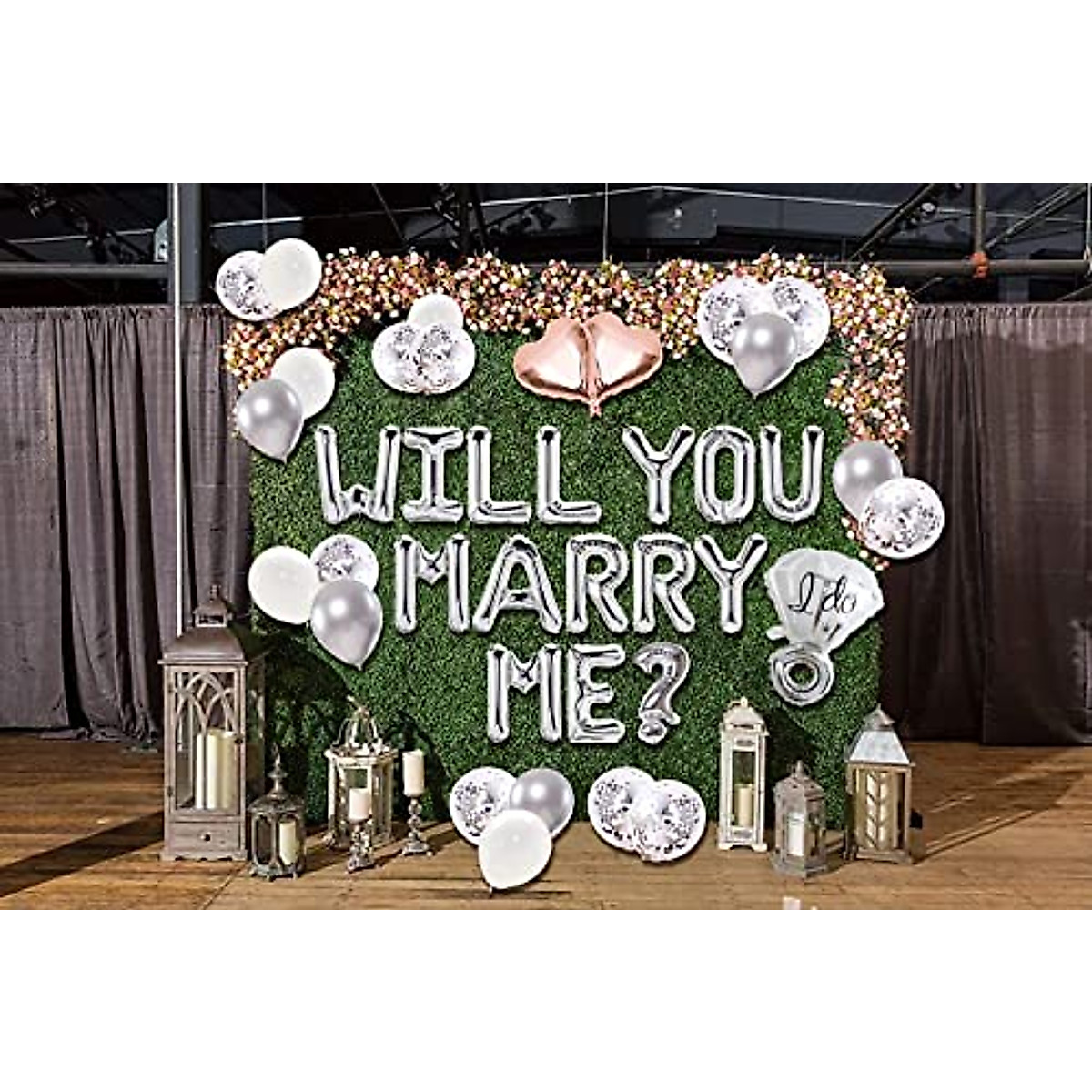 40 Pcs-Silver "Will you marry me" Balloon Pack -Proposal Balloon Banner and 2000 pcs Red Rose Petals proposal Decoration-proposal idea-Diamond ring Balloon-Valentine's Day Proposal (silver floral proposal)
