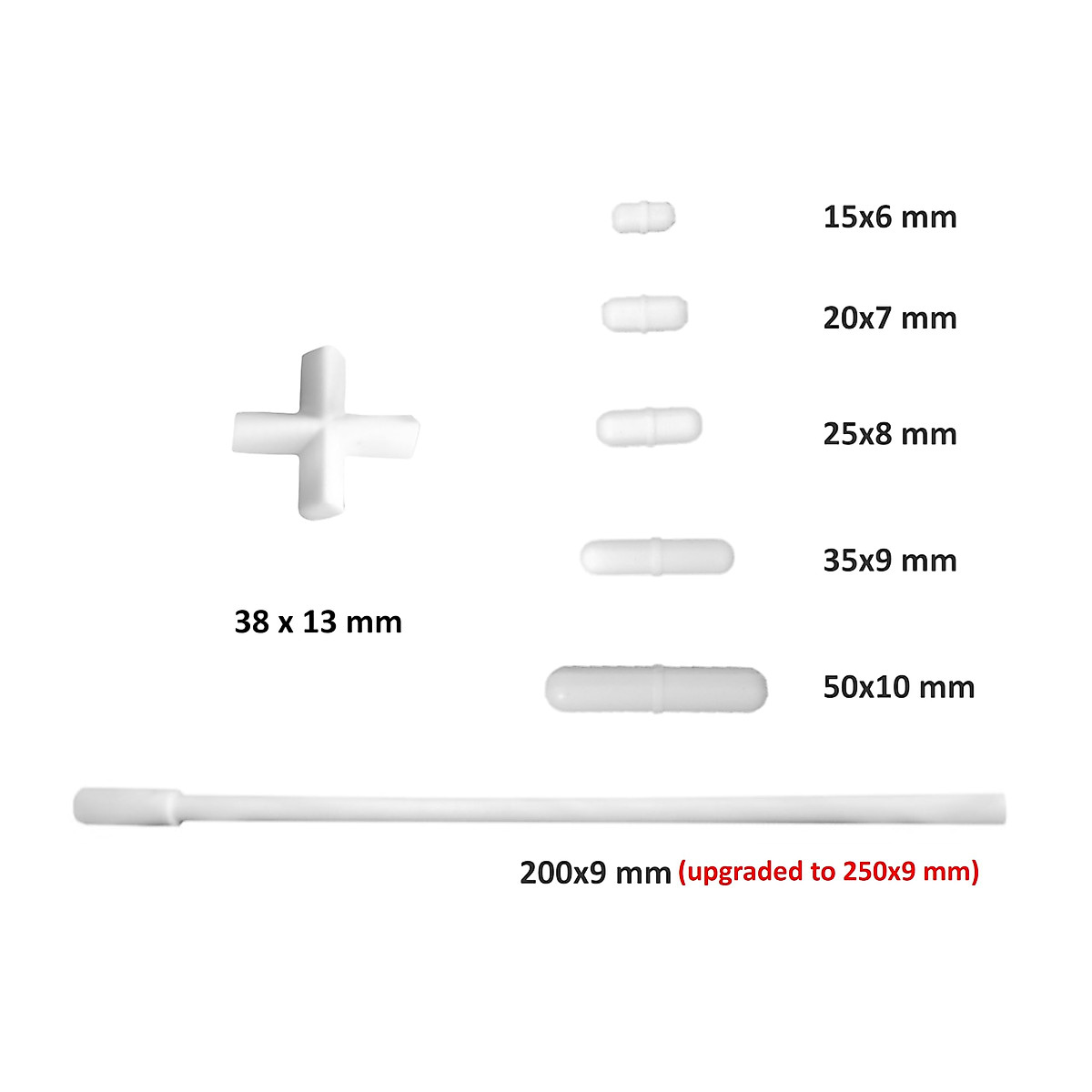 Microyn 7pcs PTFE Stir Bars Set for Magnetic Stirrer Mixer (Five Straight Bars of 15,20,25 35 and 50 mm, One Cross-Shaped Bar of 38 mm, and One Stir Bar Retriever of 250 mm)