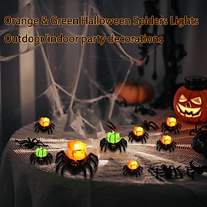 ZIEEZCYY 12Pcs Halloween Spider Tea Lights Decoration, 8pcs Orange and 4pcs Green Spider LED Lights Mixed Pack, for Halloween Party Decorations, Halloween Table Home Park Spooky Decor