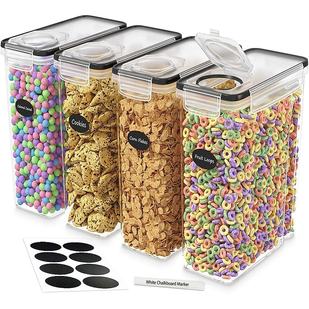 DWËLLZA KITCHEN Cereal Containers Storage Set - Cereal Dispenser Airtight Food Storage Container BPA-Free 4 Pc (135.2oz) Pantry Organization and Storage 8 Labels 1 Marker, Canister for Sugar & Flour