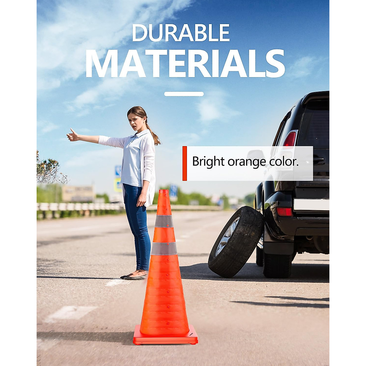 [4 Pack] BATTIFE 28 inch Collapsible Traffic Cones, Multi Purpose Orange Safety Cones with Reflective Collar, for Driving Practice and Road Parking