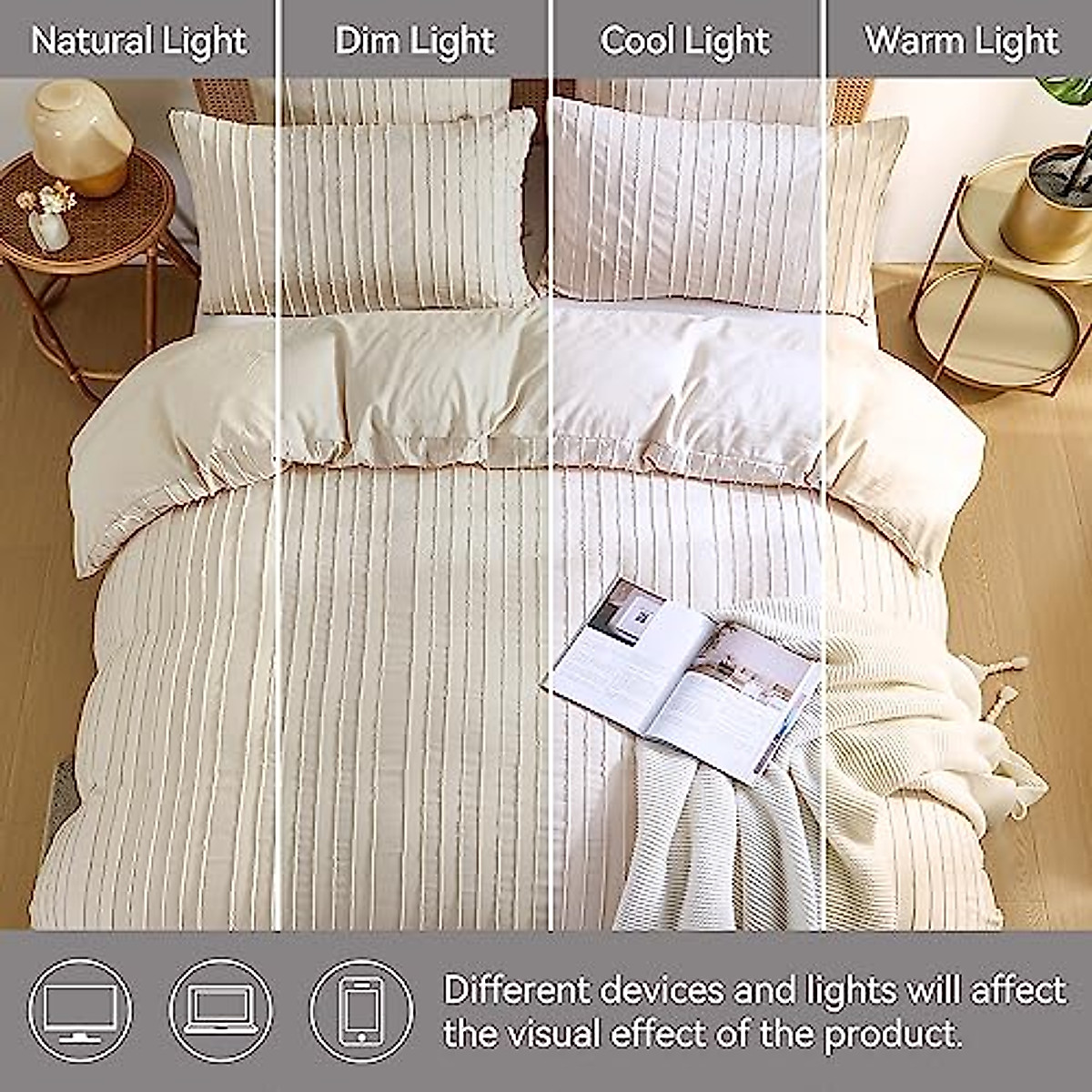 Nayoroom Boho Striped Duvet Cover Set King Size Beige Khaki Tufted Textured Bedding Sets 3 Pieces Soft Lightweight Washed Microfiber Aesthetic Comforter Cover with Zipper Closure for All Seasons