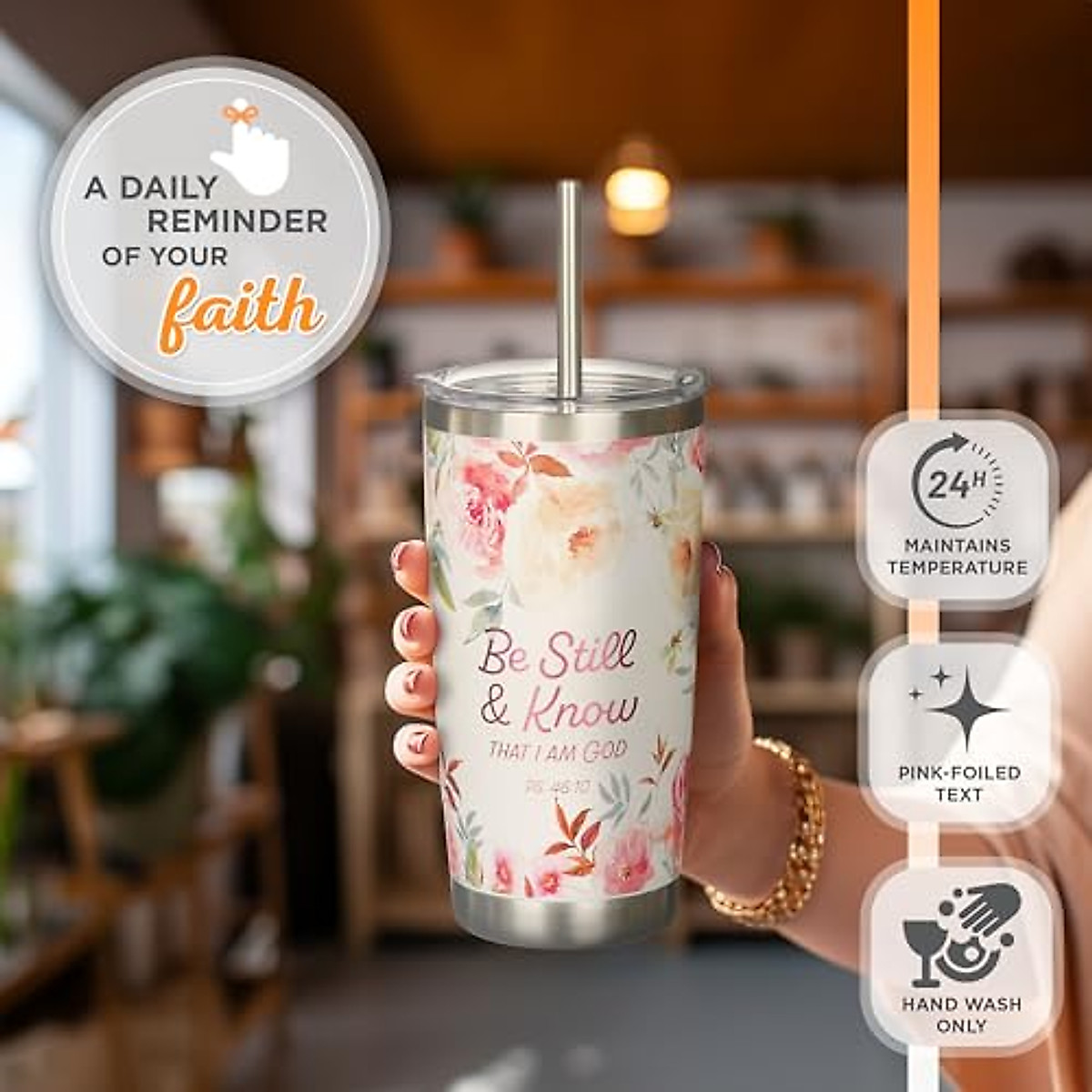 Christian Art Gifts Reusable Stainless Steel Scripture Travel Mug Tumbler w/Straw for Women: Be Still & Know, Double Wall Vacuum Insulated, Pop-up Lid, Hot/Cold, White & Peach Multicolor Floral, 18 oz