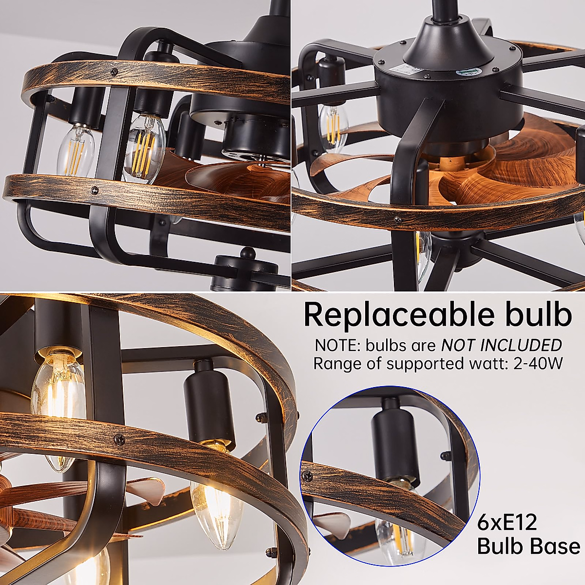 IYUNXI Caged Ceiling Fans with Lights Farmhouse, 18 Inch Flush Mount Vintage Bladeless Rustic Chandeliers Fan Remote Bedroom 6 Light E12 Bulb Base