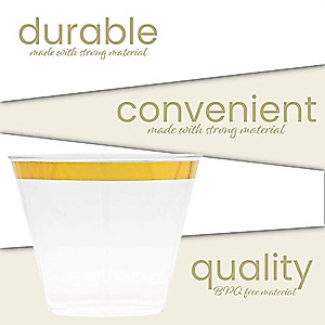 PLASTICPRO 9 oz Disposable Plastic Party Cups,Old fashioned Designed Tumblers, With gold Rim 100 Count, Crystal Clear
