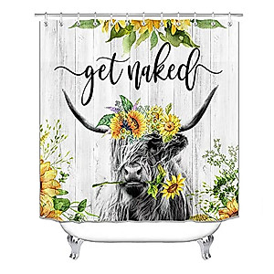 JAYDEN MADGE MAKE YOUR HOME SWEETER Jayden Madge 4PCS Highland Cow Shower Curtain Set with Rugs, Get Naked Watercolor Yellow Floral Botanical Country Western Farm Ani JM-IT010 0