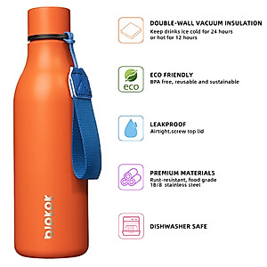 BJPKPK Insulated Water Bottles, 18 oz Stainless Steel Metal Water Bottle with Strap, BPA Free Leak Proof Thermos, Mugs, Flasks, Reusable Water Bottle for Sports & Travel, Orange