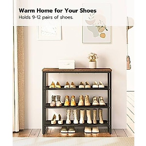 HOOBRO Shoe Rack, 4 Tier Shoe Storage Organizer, Shoe Shelf with 3 Oxford Fabric Shelves and Top Panel, Holds 12-16 Pairs of Shoes, for Entryway, Closet, Steel Frame, Industrial, Rustic Brown BF47XJ01G1