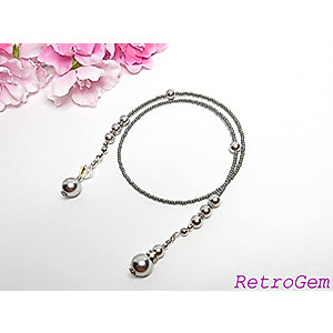 RetroGem Preciosa Czech Glass Seed Beaded Book Thong Bookmark with Swarovski Elements Crystal Pearl (Grey - 12")