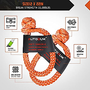 AutoDunk 1" x 30' Kinetic Recovery & Tow Rope (33,000lbs), with 2 Soft Shackles (33,000lbs) Offroad Recovery Kit for 4WD Pick Up Truck, SUV, ATV, UTV (Orange)