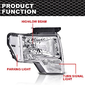 CNNELL Headlights Compatible with 2009 2010 2011 2012 2013 2014 Ford F150 Replacement Headlamps Pair Left+Right Not fit LED style,Only fit w/o LED style(Clear lens Chrome Housing Clear Reflector)