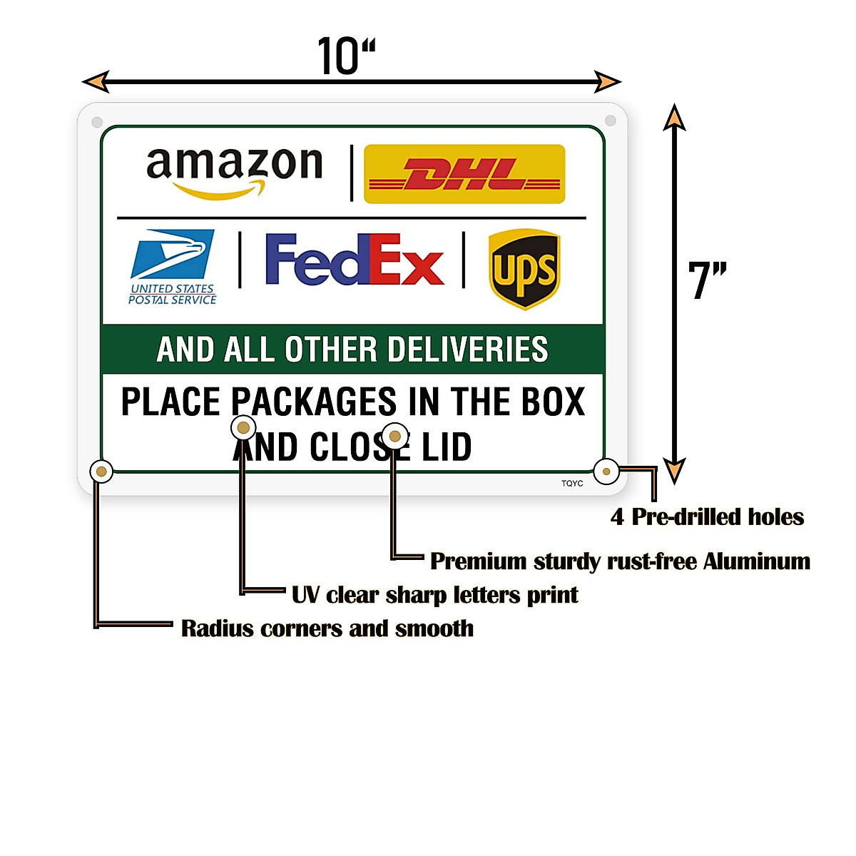TQYC Package Delivery, Delivery Instructions for FedEx Amazon UPS USPS DHL Sign, 2-Pack 10 x 7 inch Rust Free Aluminum Sign