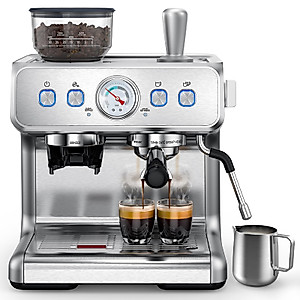 COWSAR Espresso Machine 15 Bar, Semi-Automatic Espresso Maker with Bean Grinder and Milk Frother Steam Wand, 75 Oz Removable Water Tank for Cappuccino, Latte, Stainless Steel