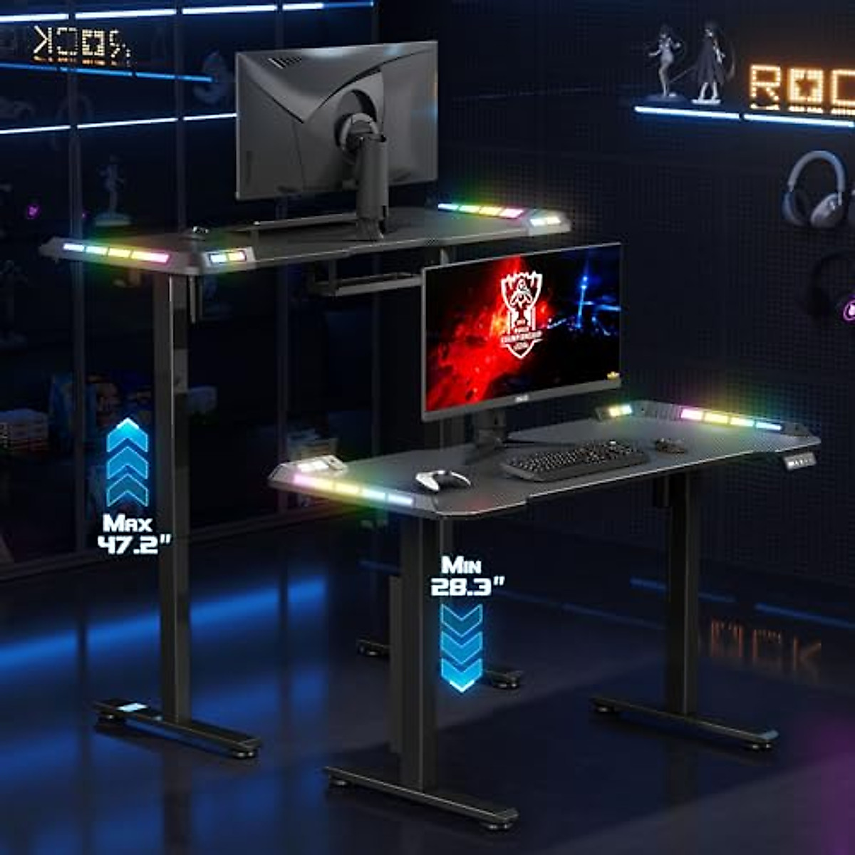 Gaming Desk with LED Lights & APP Control, 48" x 24" Gaming Table with Music Sensing, Underdesk Cable Storage Electric Standing Desk, Black Carbon Fiber PC Desk for Gaming and Home Office