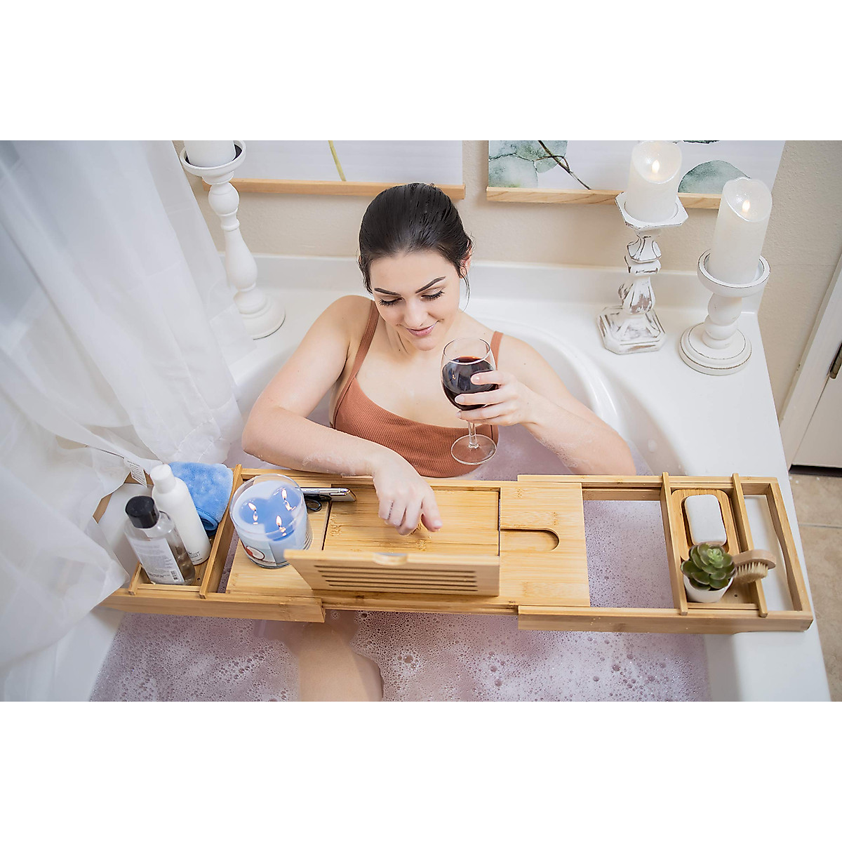 XcE Bathtub Caddy Tray Expandable to 105cm with Bamboo Book Stand and Soap Tray, Natural