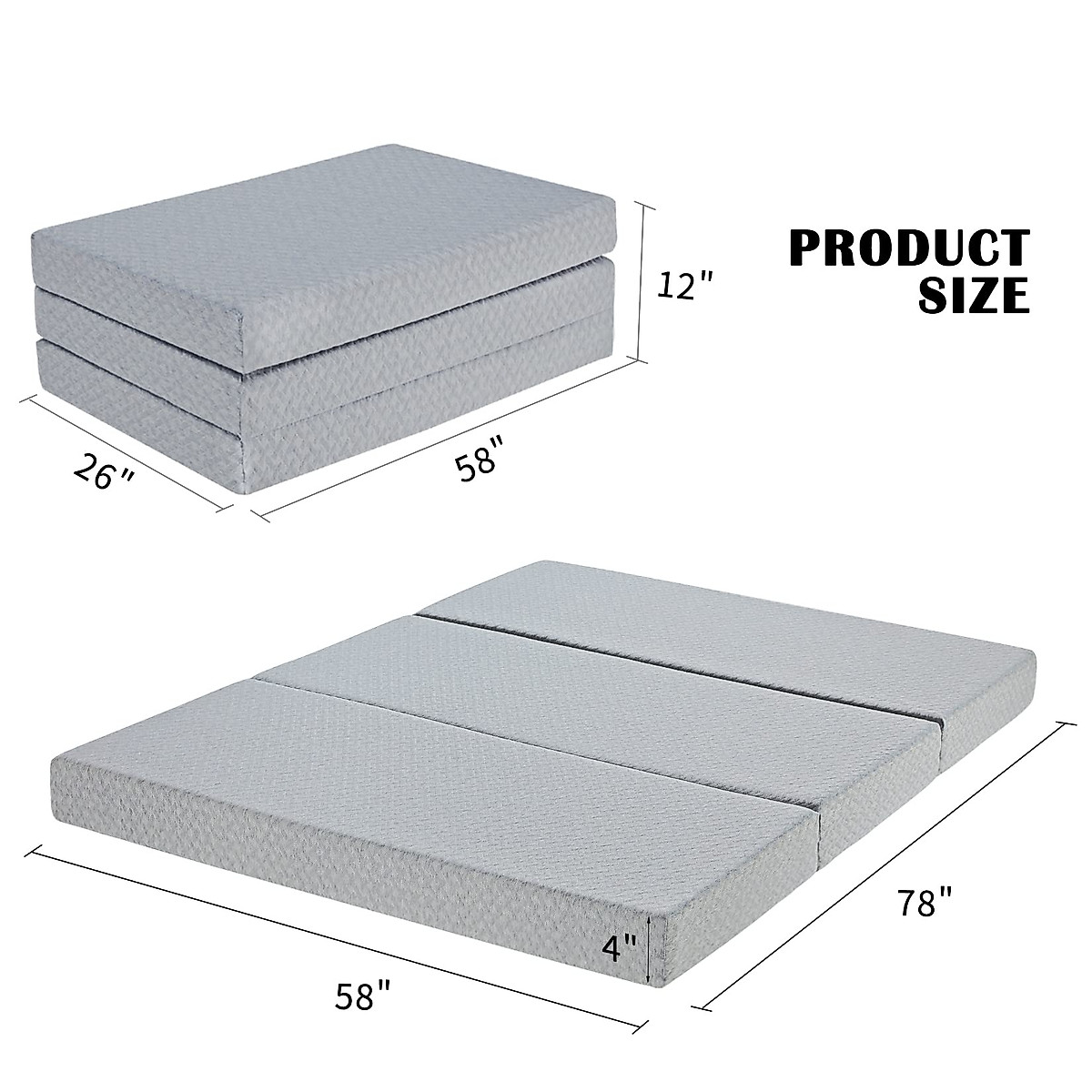 Homguava Folding Mattress Topper 4" Tri Fold Memory Foam Mattress Foldable Twin Mattress Portable Floor Mattress Camping Mat with Carry Bag for Adults, for Guest Room, Home, RV (Queen, 78"x58"x4")