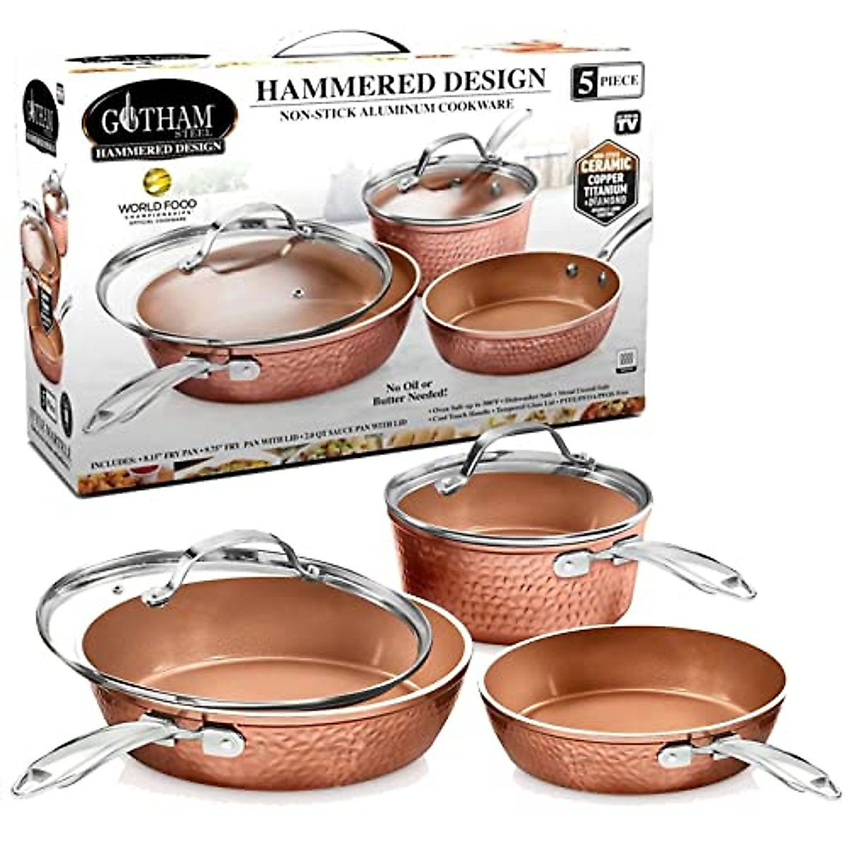 Gotham Steel Premium Hammered Cookware – 5 Piece Ceramic Cookware, Pots and Pan Set with Triple Coated Nonstick Copper Surface & Aluminum Composition for Even Heating, Oven, Stovetop & Dishwasher Safe