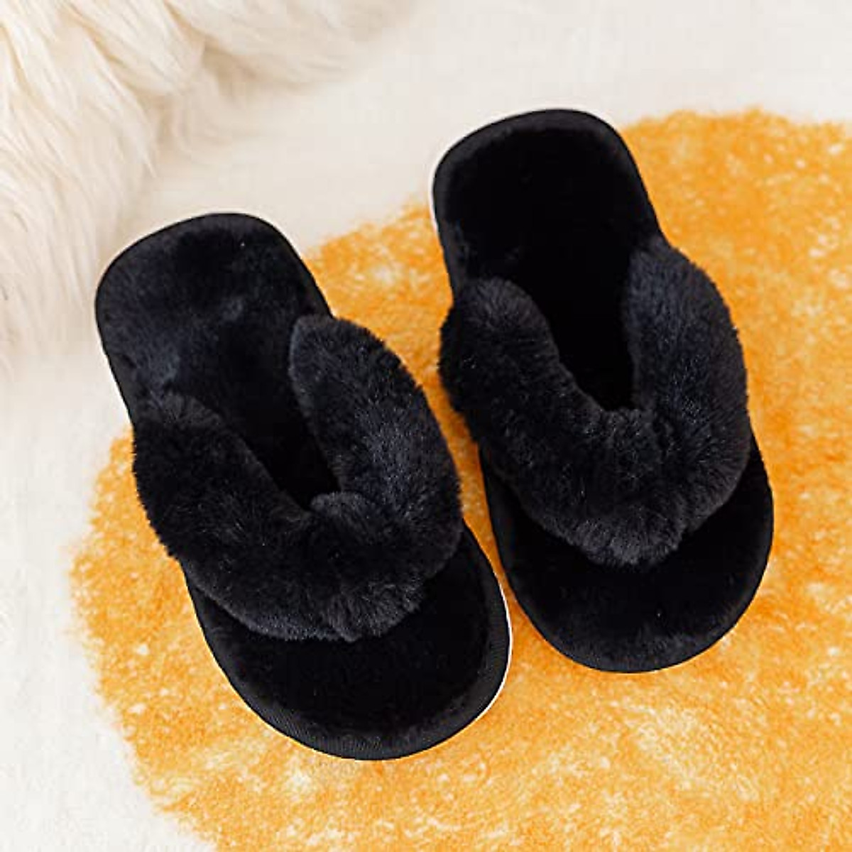 techcity Boys Girls Fuzzy Flip Flop Slippers Kids Cute Soft Comfy Open Toe Fluffy Slip On Thong Flat Sandals House Home Fur Slides Indoor Outdoor