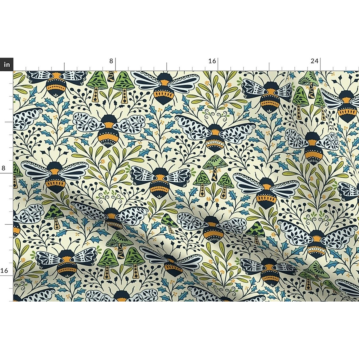 Spoonflower Fabric - Bumblebee Nature Damask Botanical Mushroom Pollinator Large Scale Printed on Minky Fabric by The Yard - Sewing Baby Blankets Quilt Backing Plush