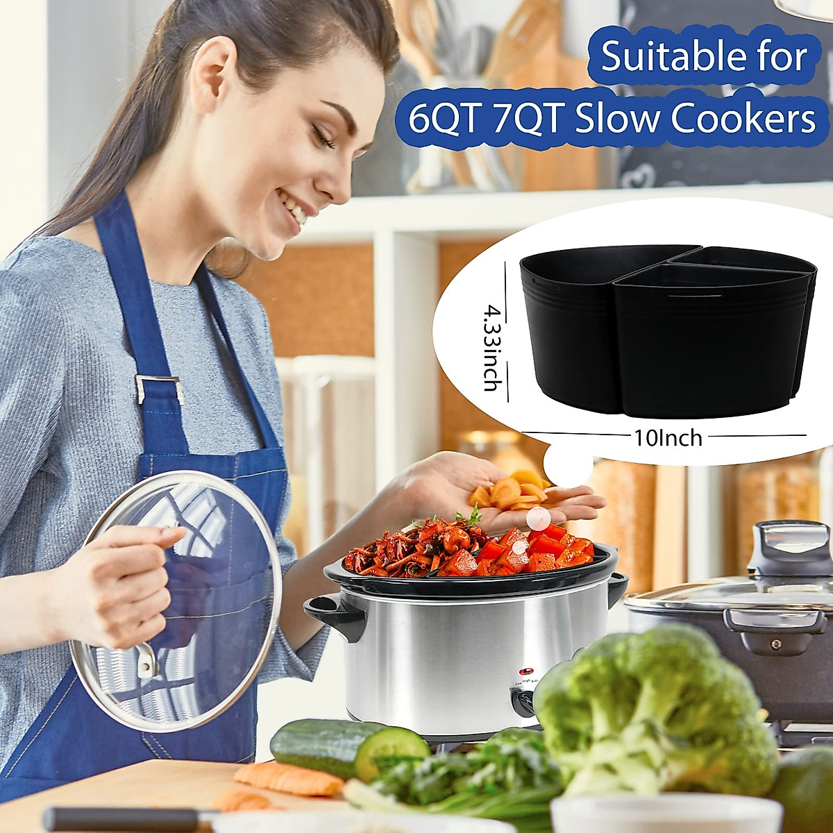 Silicone Slow Cooker Divider Liner fit CrockPot 6QT 7QT, Reusable & Leakproof Divider Insert, Dishwasher Safe Cooking Liners for Crock Pot 6 Quart / 7 Quart, BPA Free,Black