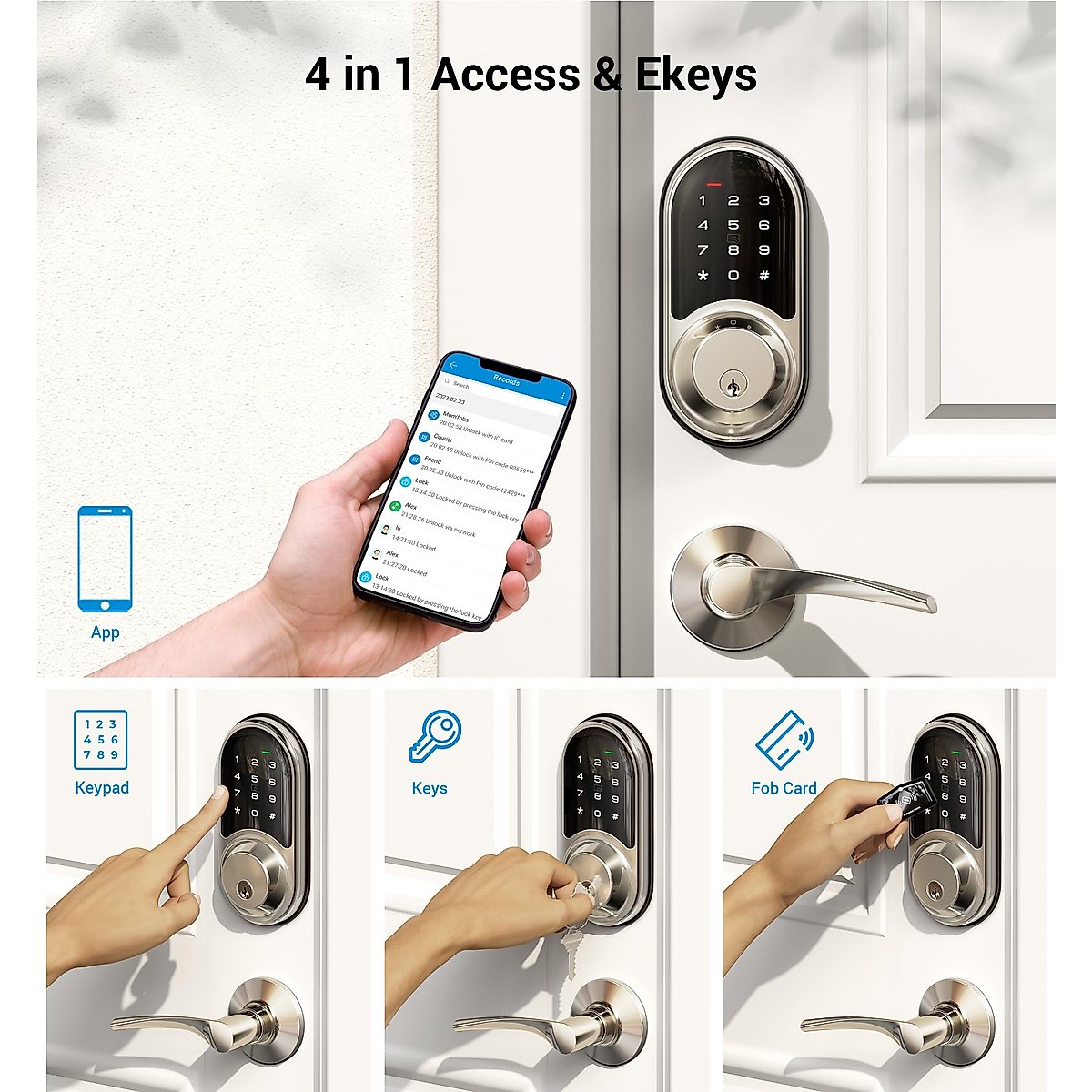 Veise Wifi Smart Lock with 2 Handles, Keyless Entry Door Lock Deadbolt with Handle Set, Smart Locks for Front Door with App Control, Electronic Digital Lock, Auto Lock, Easy Installation, Satin Nickel