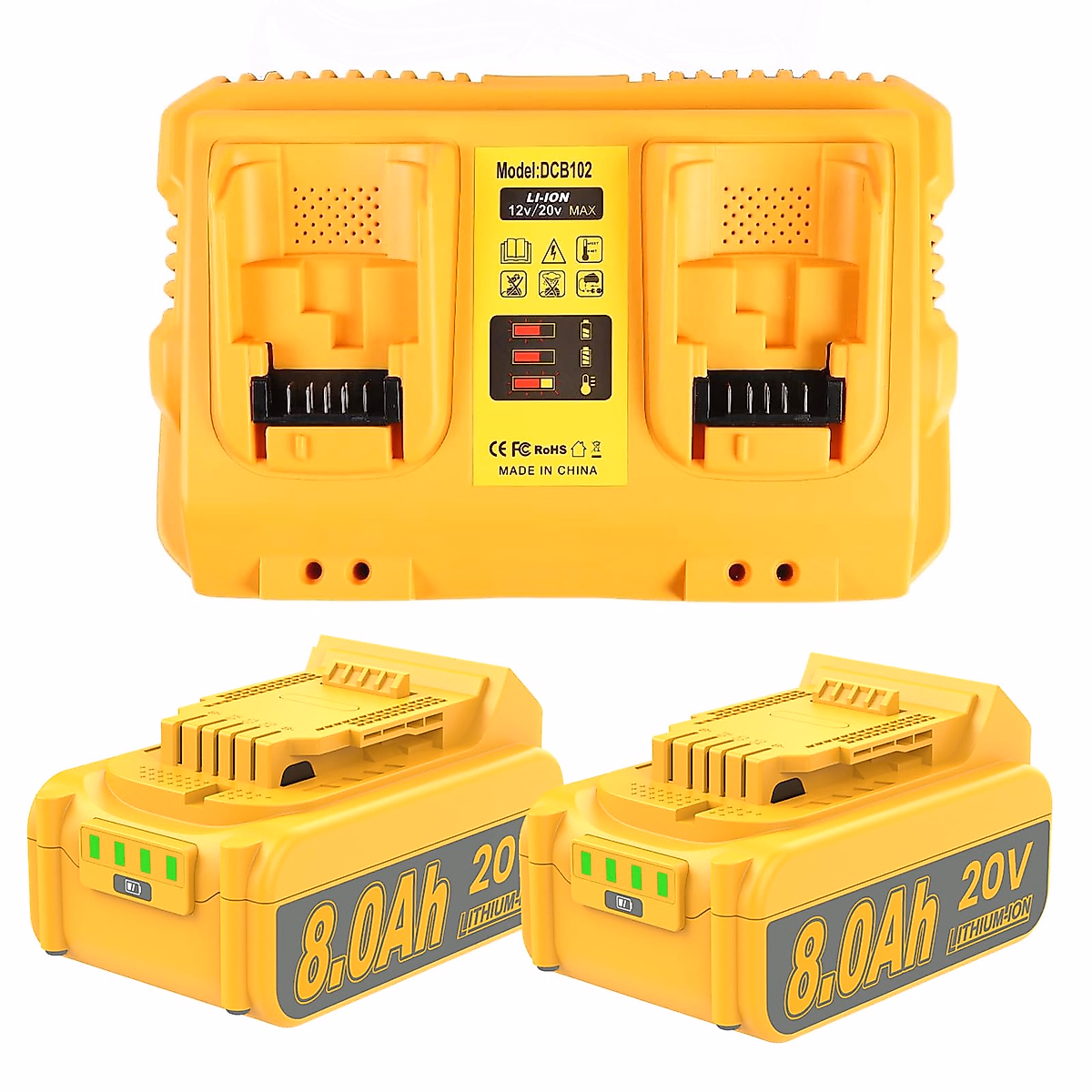 JUNWOOD 2Pack 8.0Ah MAX Lithium Replacement for Dewalt 20V Battery with 20 Volt Dual Port Battery Charger DCB200 DCB201 DCB204 DCB206 DCB207 DCD/DCF/DCG XR Series