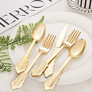 I00000 30 Guest Pre Rolled Napkins with Gold Plastic Silverware, Premium Disposable Cutlery Set Includes: 30 Forks, 30 Knives, 30 Spoons, 30 Napkins