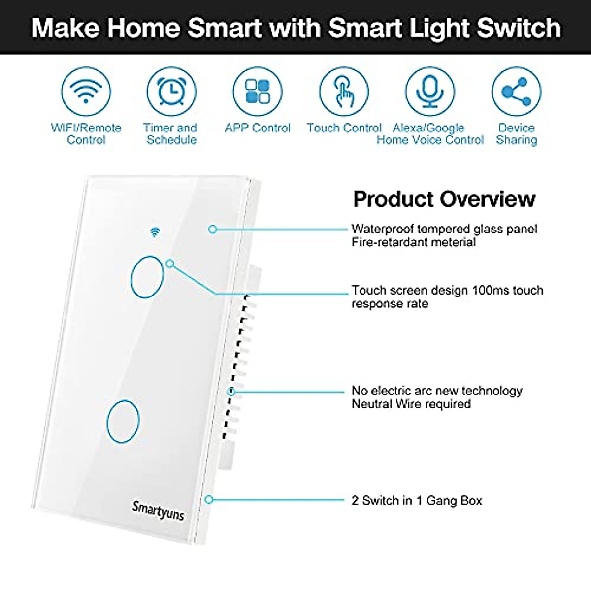 Smartyuns WiFi Smart Wall Light Switch White, Tempered Glass Panel Touch Light Switch 2 Gang Switch for 1 Gang Wall Box, Timer Function, Wireless Lighting Control (2 Gang Light Switch White)