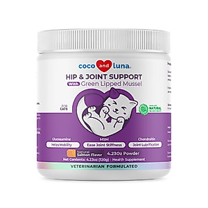 Glucosamine for Cats - 4.23oz/120g Powder - Hip and Joint Supplement for Cats with Green Lipped Mussel, MSM, Chondroitin, and Vitamin E (for Cats)