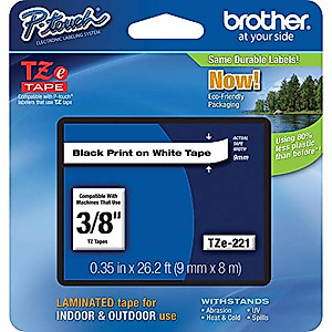 Brother Genuine P-touch TZE-221 Tape, 3/8" (0.35") Standard Laminated P-touch Tape, Black on White, Laminated for Indoor or Outdoor Use, Water Resistant, 26.2 Feet (8M), Single-Pack