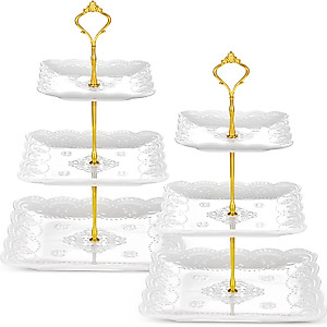 2 Pcs 3 Tier Porcelain Cupcake Stand, White Ceramic Tiered Stand, Afternoon Tea Stand, Pastry Serving Stand Elegant Dessert Cookie Stands for Wedding, Birthday, Tea Party (Lace Square Shape)