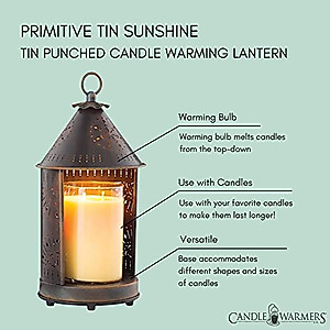 Candle Warmers Etc Tin Punched Candle Warmer Lantern For Top-Down Candle Melting, Sunshine Primitive Tin