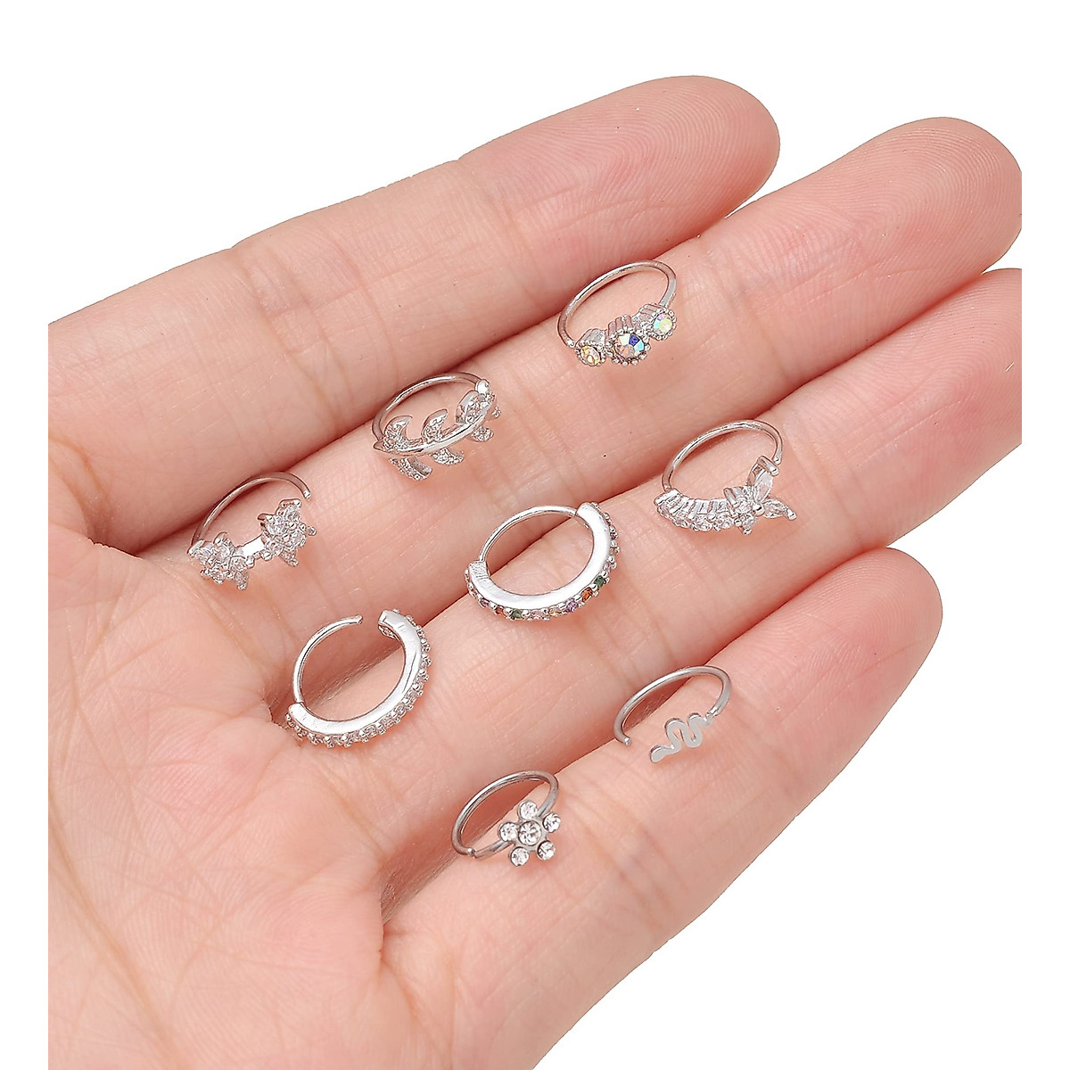 Akeoqi 29Pcs 20G Nose Ring Studs Nose Ring Hoops L Shape CZ Butterfly Snake Star Moon Shape Nose Piercing Jewelry for Women Silver Tone