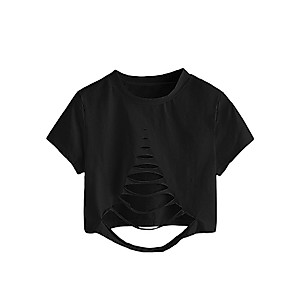 SweatyRocks Women's Short Sleeve Cutout Tee Shirt Distressed Crop Top Pure Black S