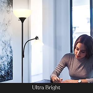 Brightech Sky Dome Plus LED Floor lamp, Torchiere Super Bright Floor Lamp with Reading Lamp for Living Rooms & Offices - Dimmable Tall Standing Lamp for Bedroom Reading - Black