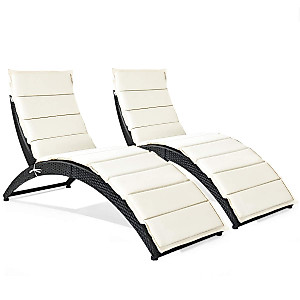Tangkula Foldable Patio Lounge Chair, Outdoor Rattan Lounger Chaise, Portable Patio Chaise with Cushion, All-Weather Wicker Furniture for Garden Lawn Balcony Backyard Poolside (2, Beige)