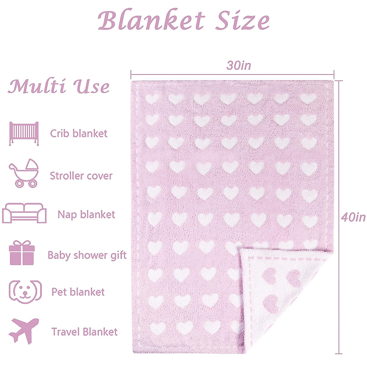 Kid Nation Baby Blankets for Girls Boys Toddler Double-Sided Heart Blanket,40"X 30"Soft Plush Crib Blanket Fluffy Baby Quilt Newborn Stroller Blanket,Prism Pink