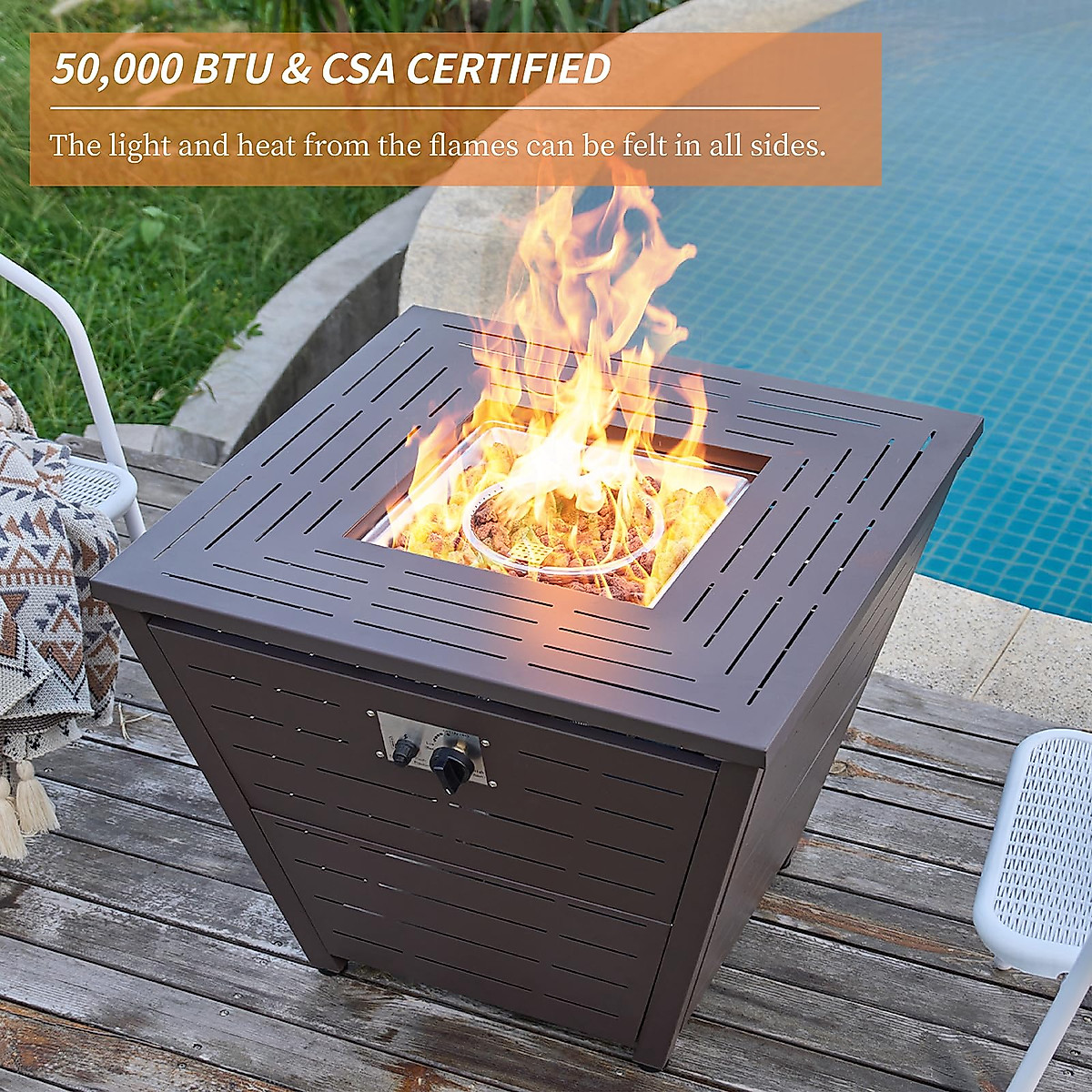 PaPaJet 32" Propane Fire Pit Table, 50,000 BTU Square Gas Firepit Table with Lid and Lava Rock, Great for Outdoor Garden Backyard Patio, Brown