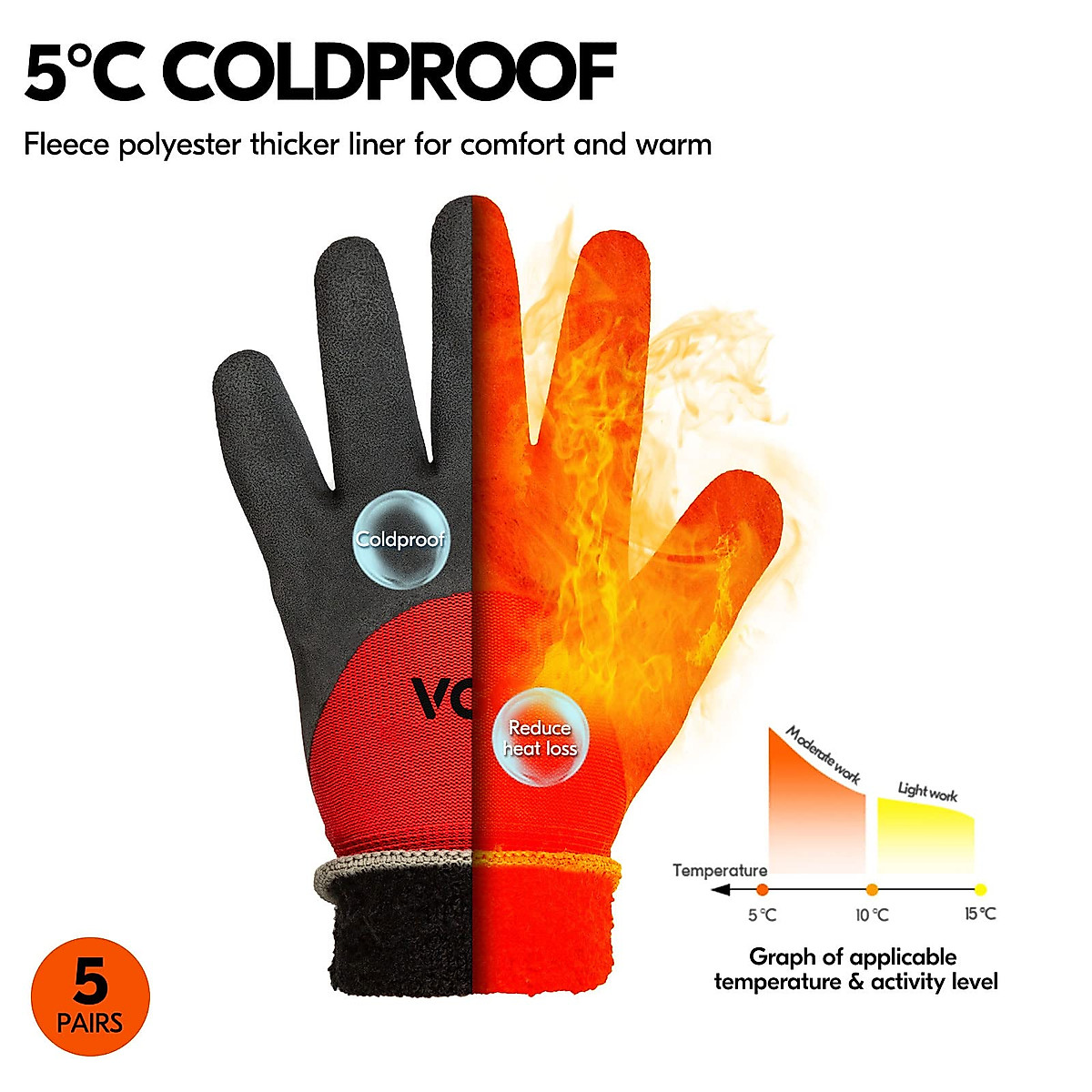 Vgo... 5-Pairs Freezer Winter Work Gloves, Double Lining Rubber Latex Coated for Outdoor Heavy Duty Work (Size M, Black, RB6032)
