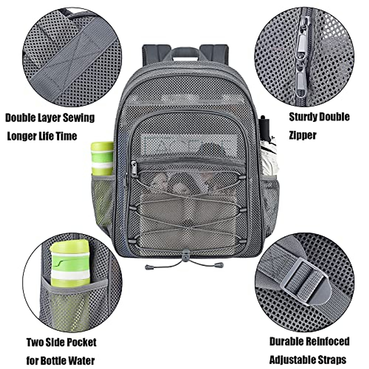 Heavy Duty Mesh Backpacks for Adults, Mesh School Booking Bags for Boys and Girls, See Through Backpack with Adjustable Straps, Mesh Bags for Swimming(Grey)