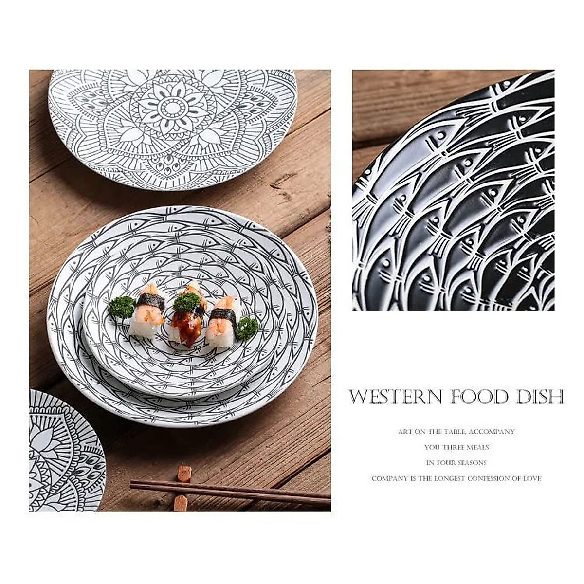 MAXLYA Bone China Plate, Japanese Set Tableware Straw Hat Western Food Plate Creative Embossed Fish Plate Pasta Plate Dessert Plate, Stackable & Dishwasher Safe (Set of 4/8'')