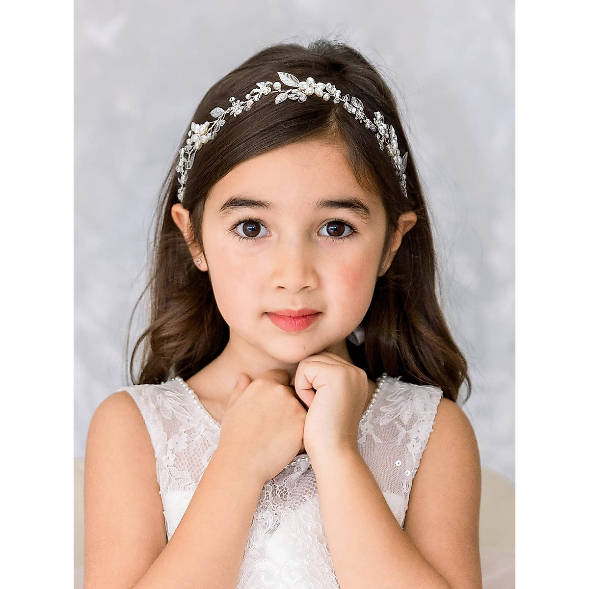 SWEETV Flower Girl Headpiece Pearl Silver Wedding Hair Accessories for Girls Flowers Headband Tiara for Birthday,party