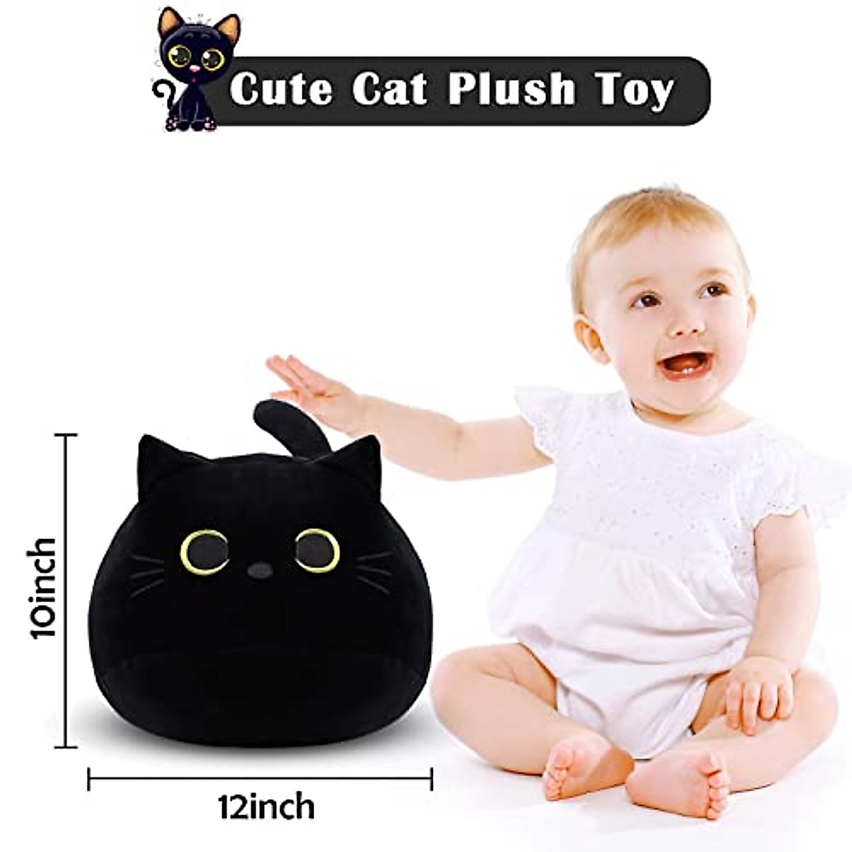 LSYDCARM Black Cat Plush Pillows Toy, 12" Kawaii Black Cat Stuffed Animals Black Cat Pillow, Cute Soft Plush Cat Plushie Stuffed Cat Toys for Kids Gifts