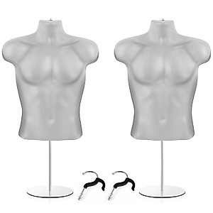 Geetery 2 Pack Male Mannequin Torso with Stand Hollow Back Dress Form Mannequin Body White Retail Mannequins Body Tshirt Display with Metal Pole and Hanging Hook for Counter Craft Shows, S M Size