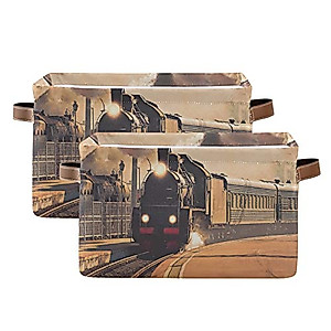 Retro Train Storage Bins Basket Fabric Collapsible Storage Cube Rectangle Storage Box with Handles for Shelf Closet Nursery Home Office - 1 Pack