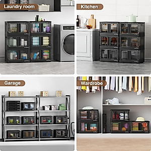 BROVIEW V6 Storage Bins with Lids, 136 QT Stackable Storage Bins with Wheels, Collapsible Storage Bins with Doors, Folding Storage Cabinets for Closet, Home Office Dorm Organizer Essential, Black