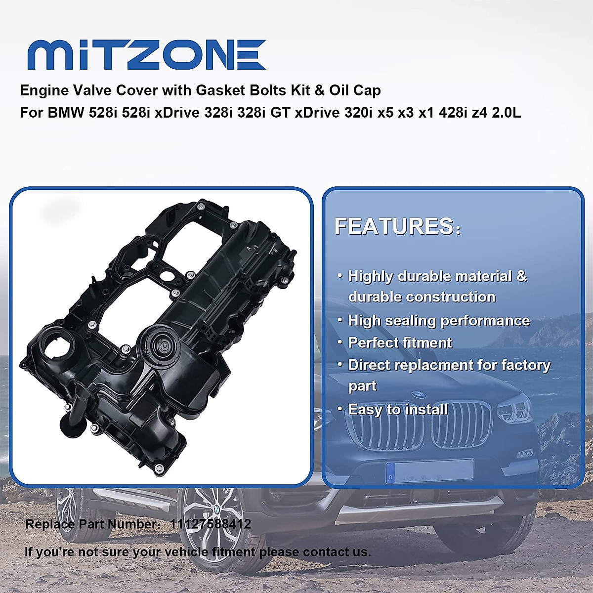 MITZONE N20 Engine Valve Cover with Gasket Bolts Kit, Oil Cap for BMW 2012-2018 528i 528i xDrive 328i 328i GT xDrive 320i x5 x3 X1 428i z4 2.0L Replace 11127588412