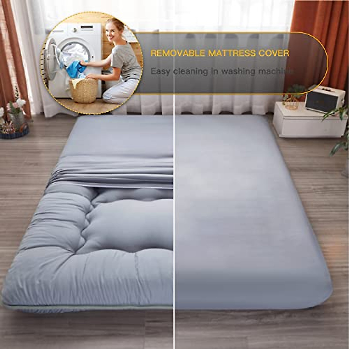 Heimorn Japanese Floor Mattress, Japanese Futon Mattress, Shikibuton Foldable & Portable Camping Mattress with Washable Cover, Gray Full-XL