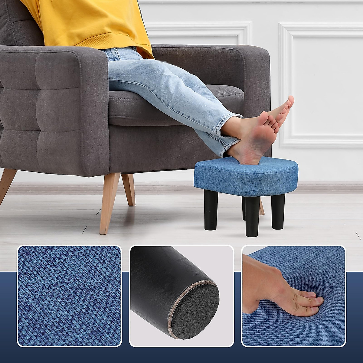 Allinside Ottoman Footstool with Handle, D-Shaped Linen Footrest, Small Shoe Seat Step Stool, Soft Sponge Foot Stool for Living Room, Bedroom, Couch, Entryway (Blue)